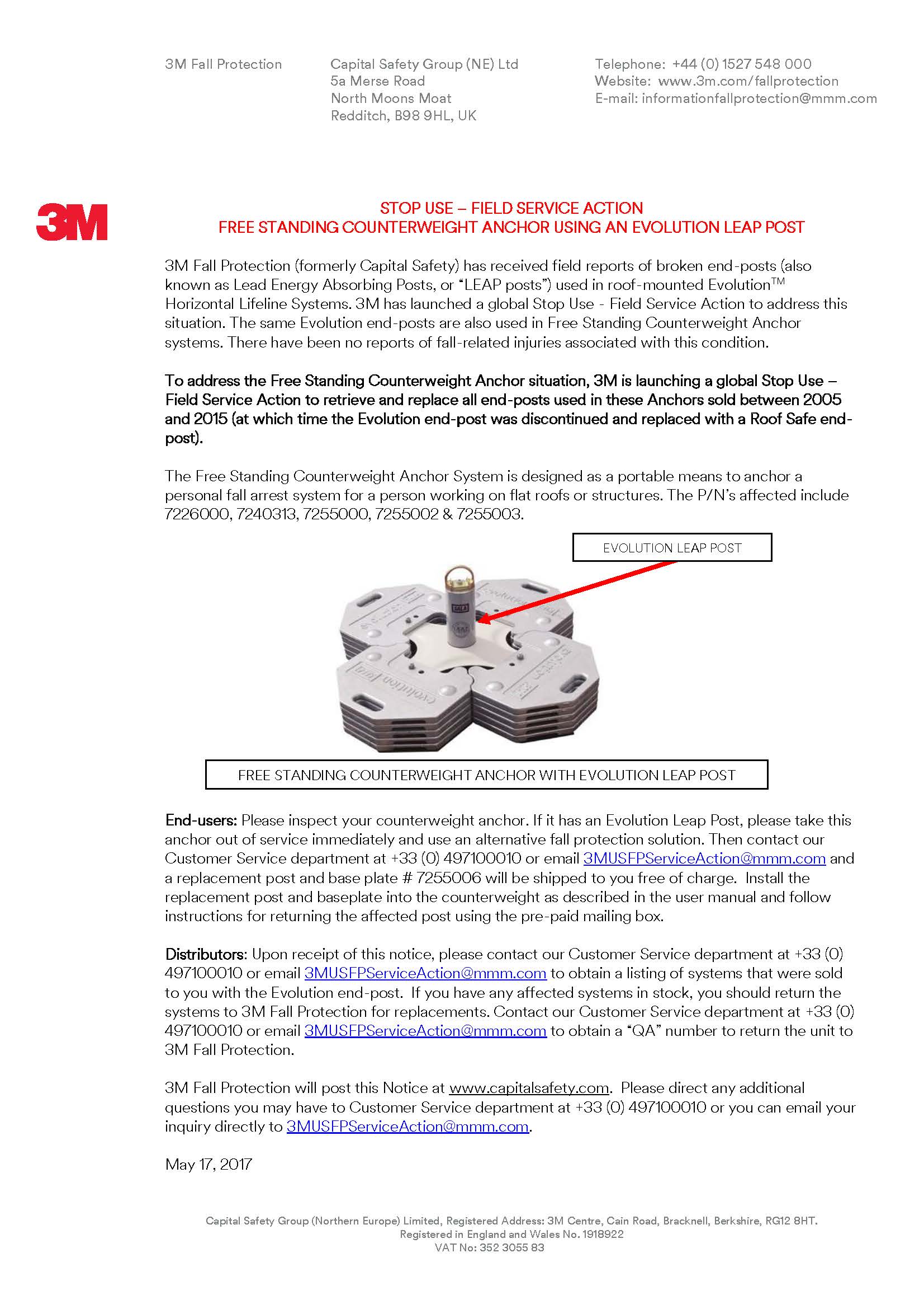3M STOP USE - Field Service Action - Free Standing Counterweight Anchor ...