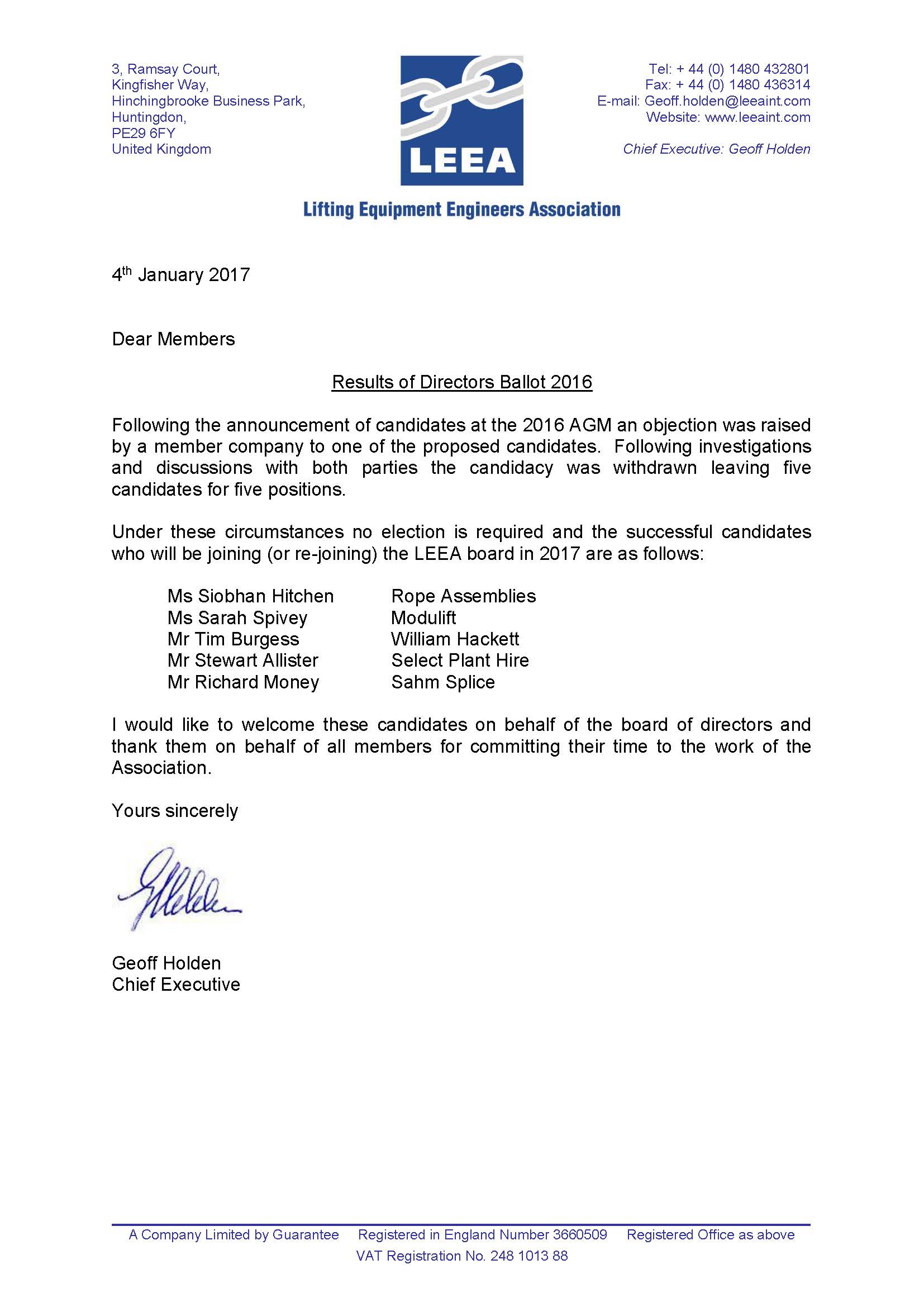 Announcement of Directors Election Result 2016